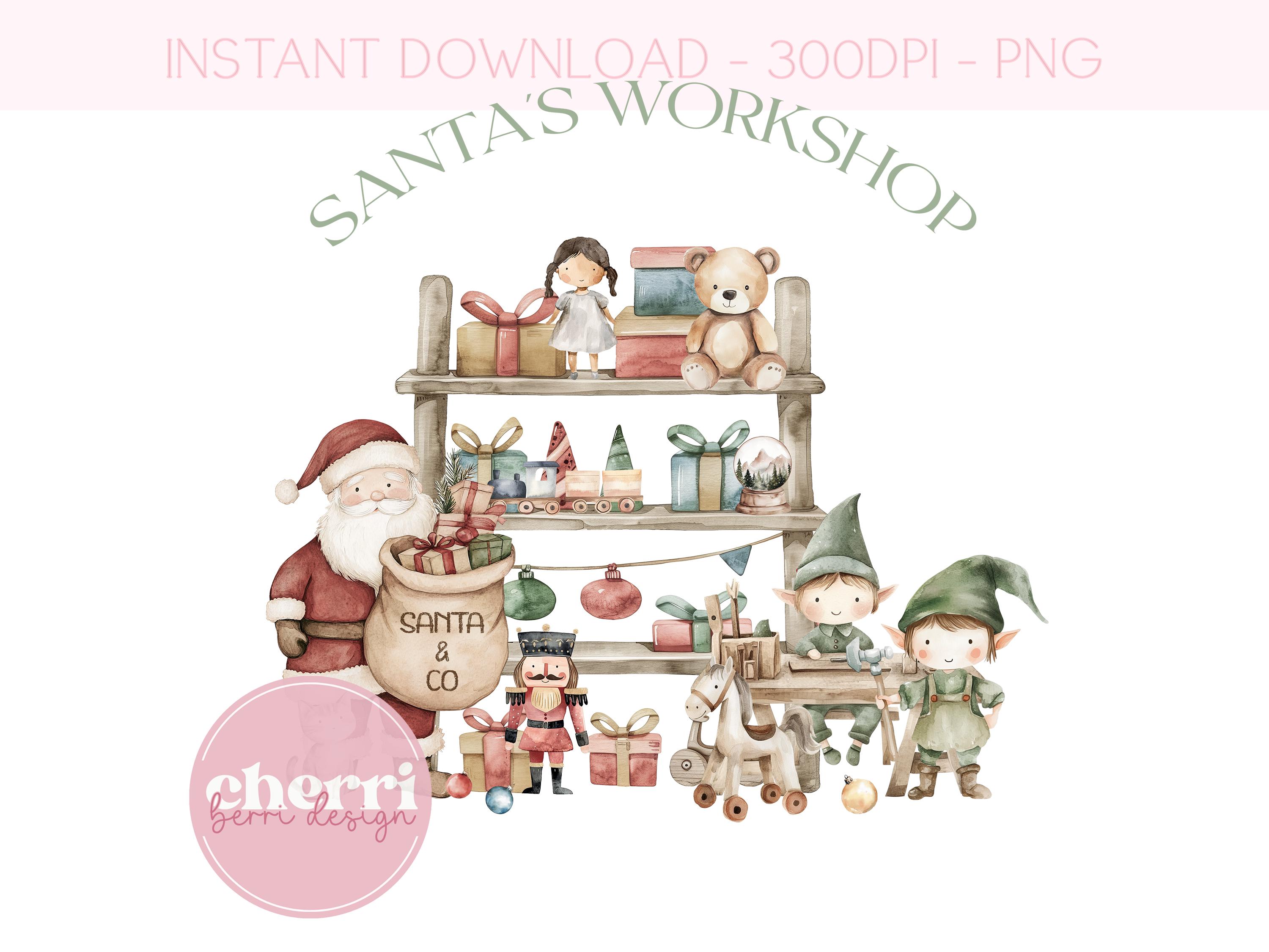 Santa's Workshop Christmas Clipart, Elf Workshop Christmas Card PNG ...