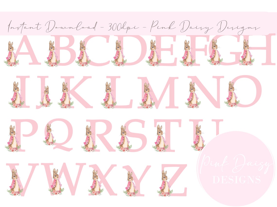 Flopsy Bunny Pink Floral Alphabet PNG, Flopsy Rabbit 26 Individual ...