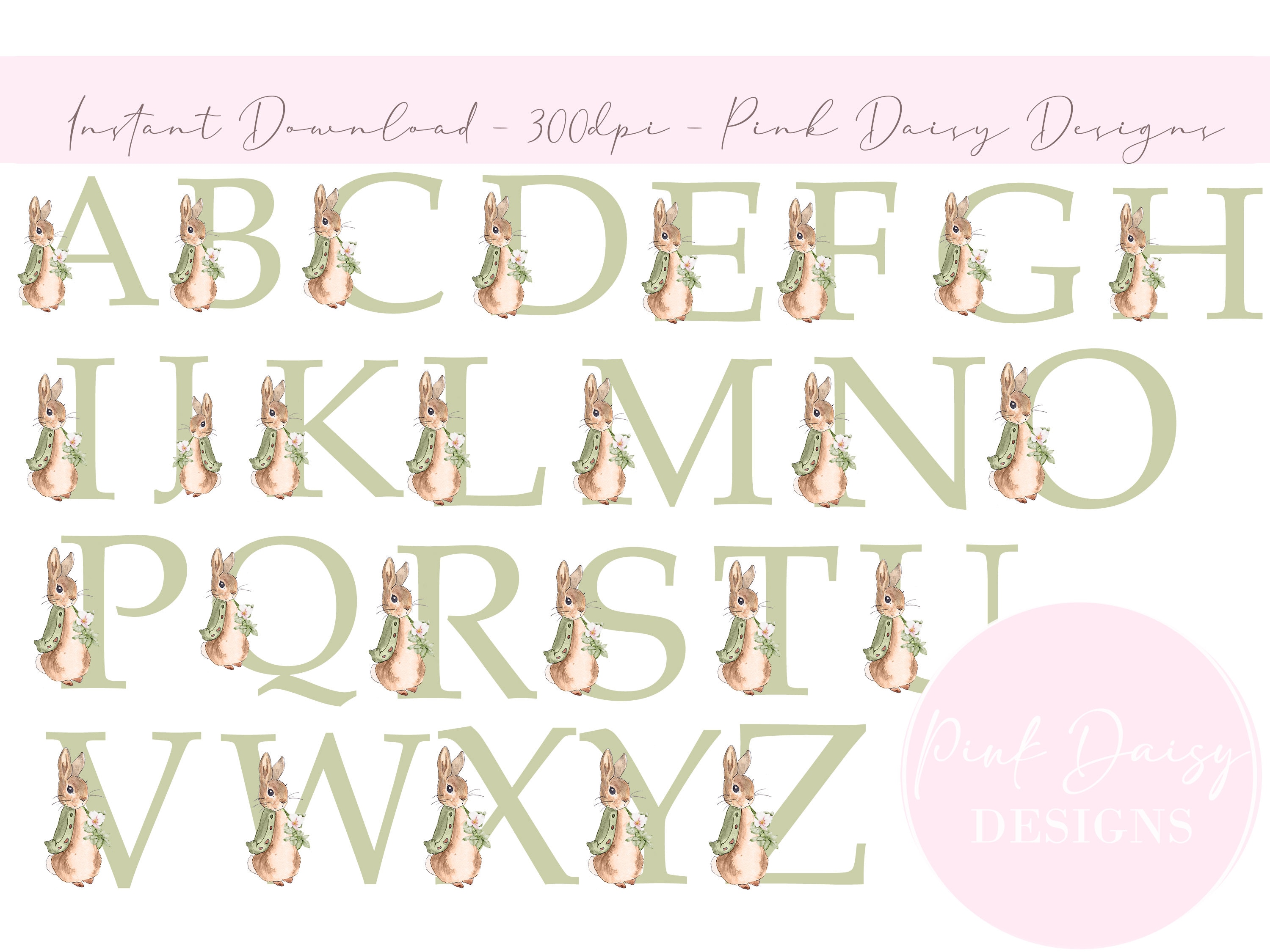 Peter Rabbit Green Floral Alphabet PNG, Peter Rabbit 26 Individual ...