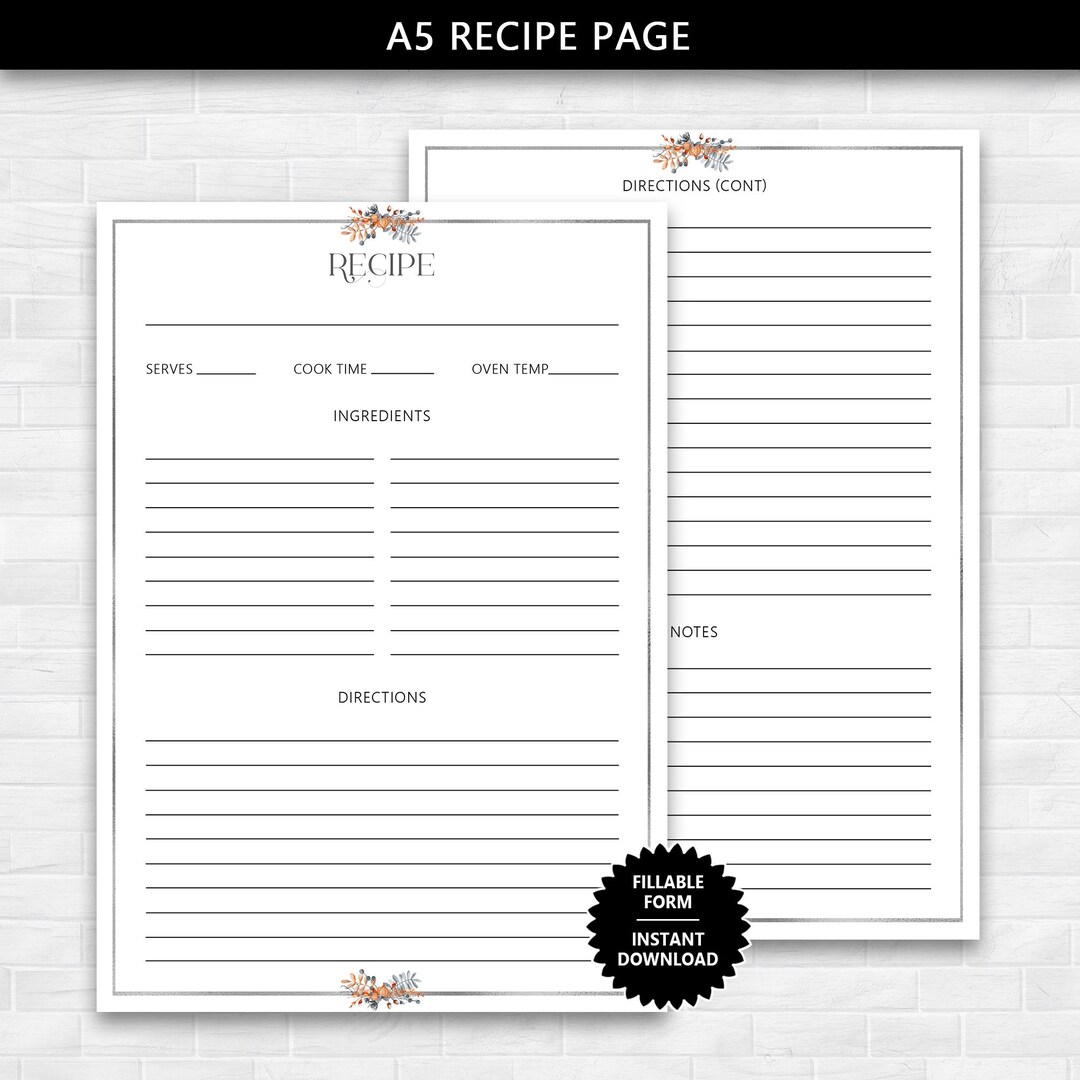 A5 Recipe Page With a Touch of Fall Border, Fillable Form Recipe Page ...
