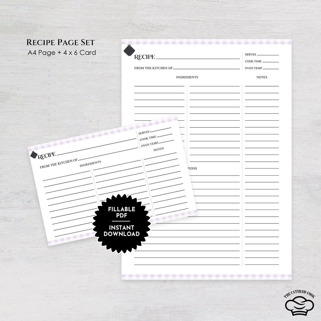 Printable A4 Recipe Page and Card Set With Purple Gingham Border ...