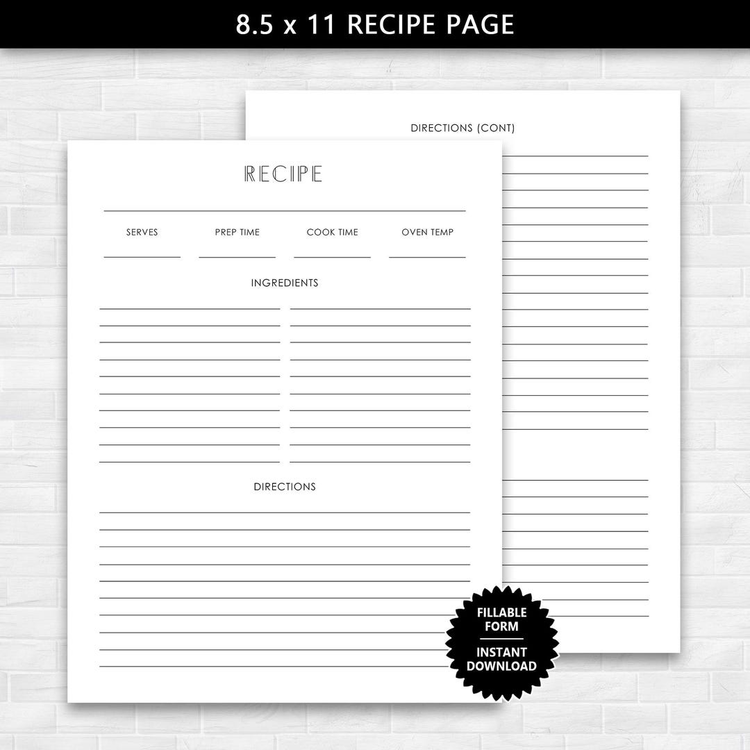 Printable 8.5 X 11 Recipe Page With a Retro Title Design, Fillable ...