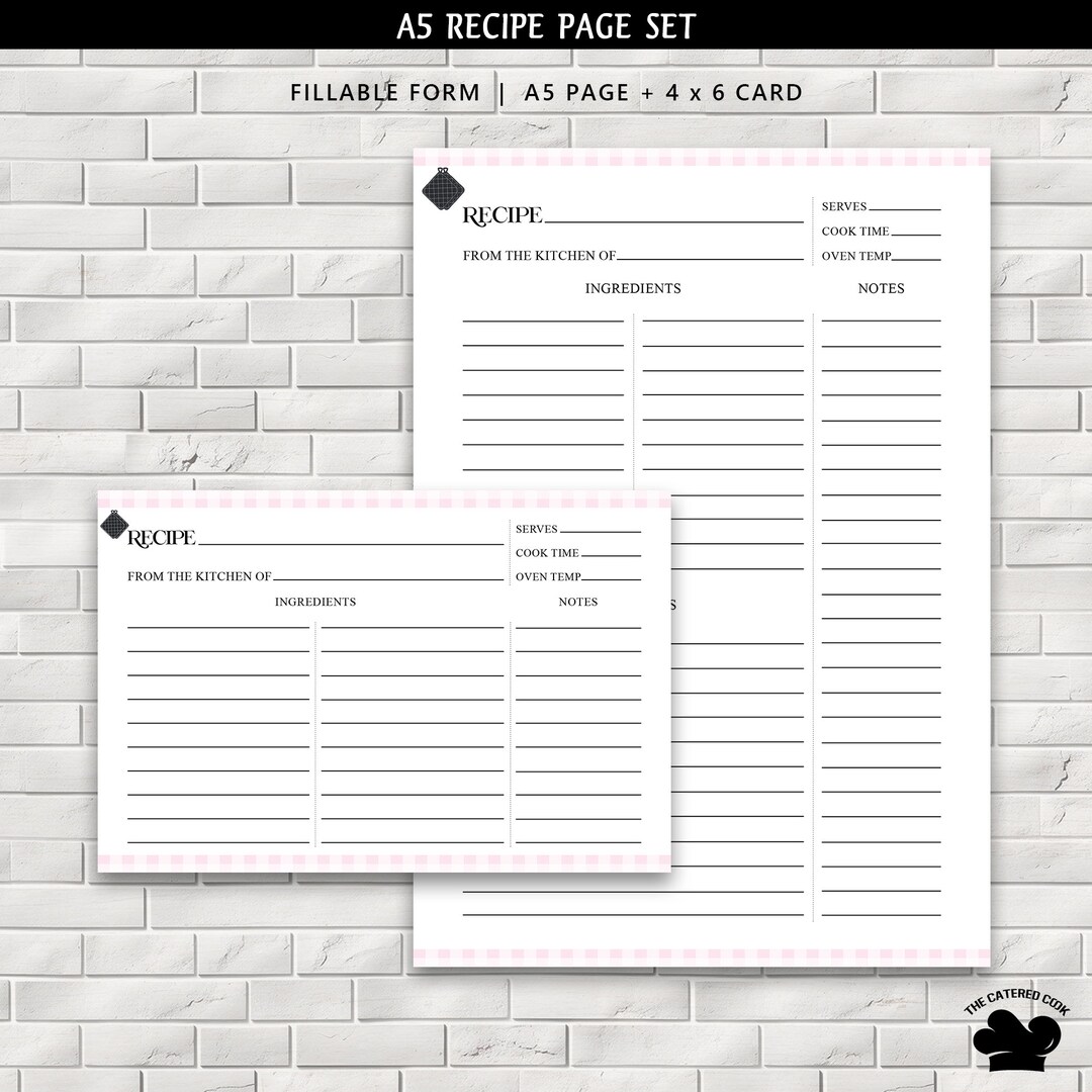 Printable A5 Recipe Page and Card Set With a Pink Gingham Border ...