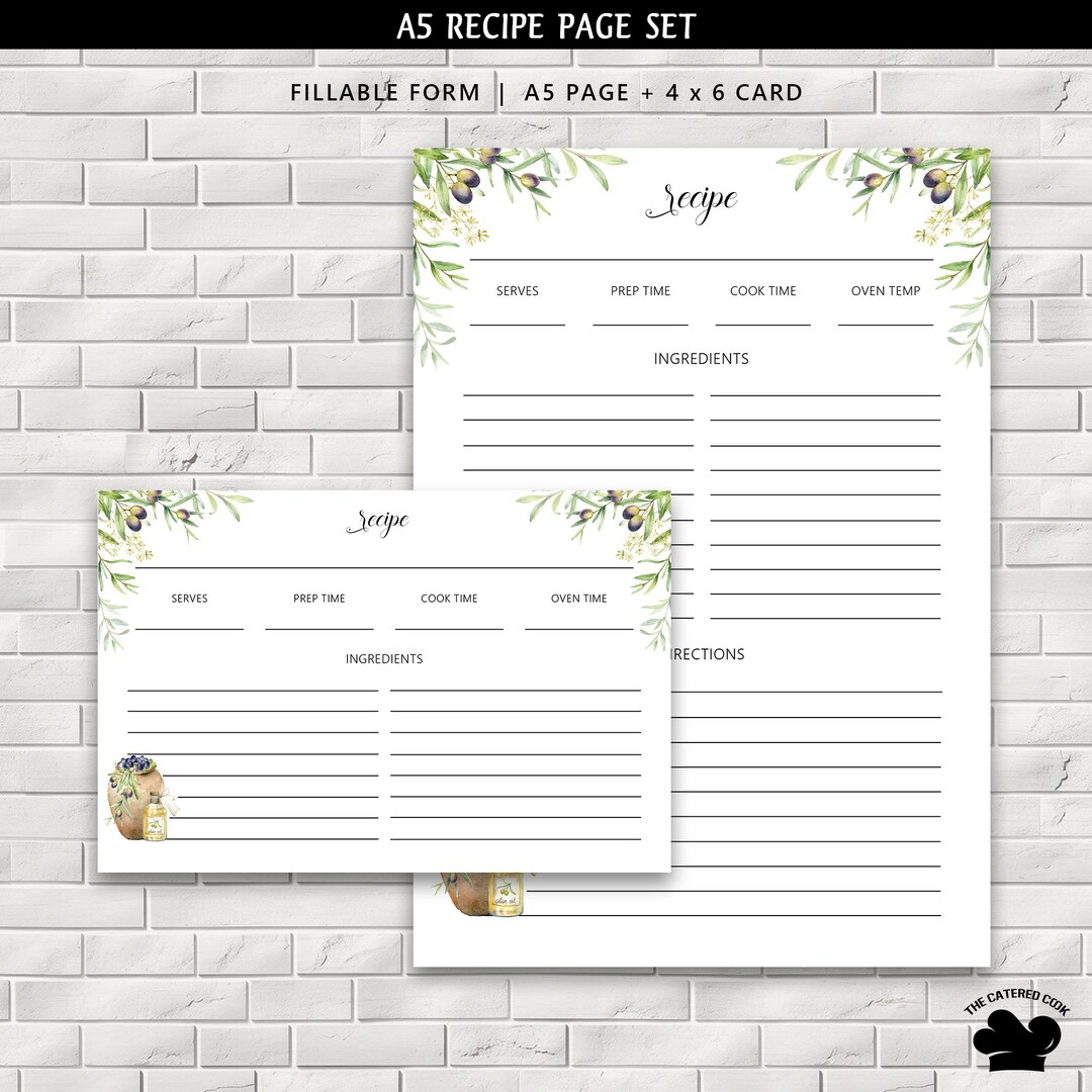 Printable A5 Recipe Page and Card Set With Olive Tree Design, Fillable ...