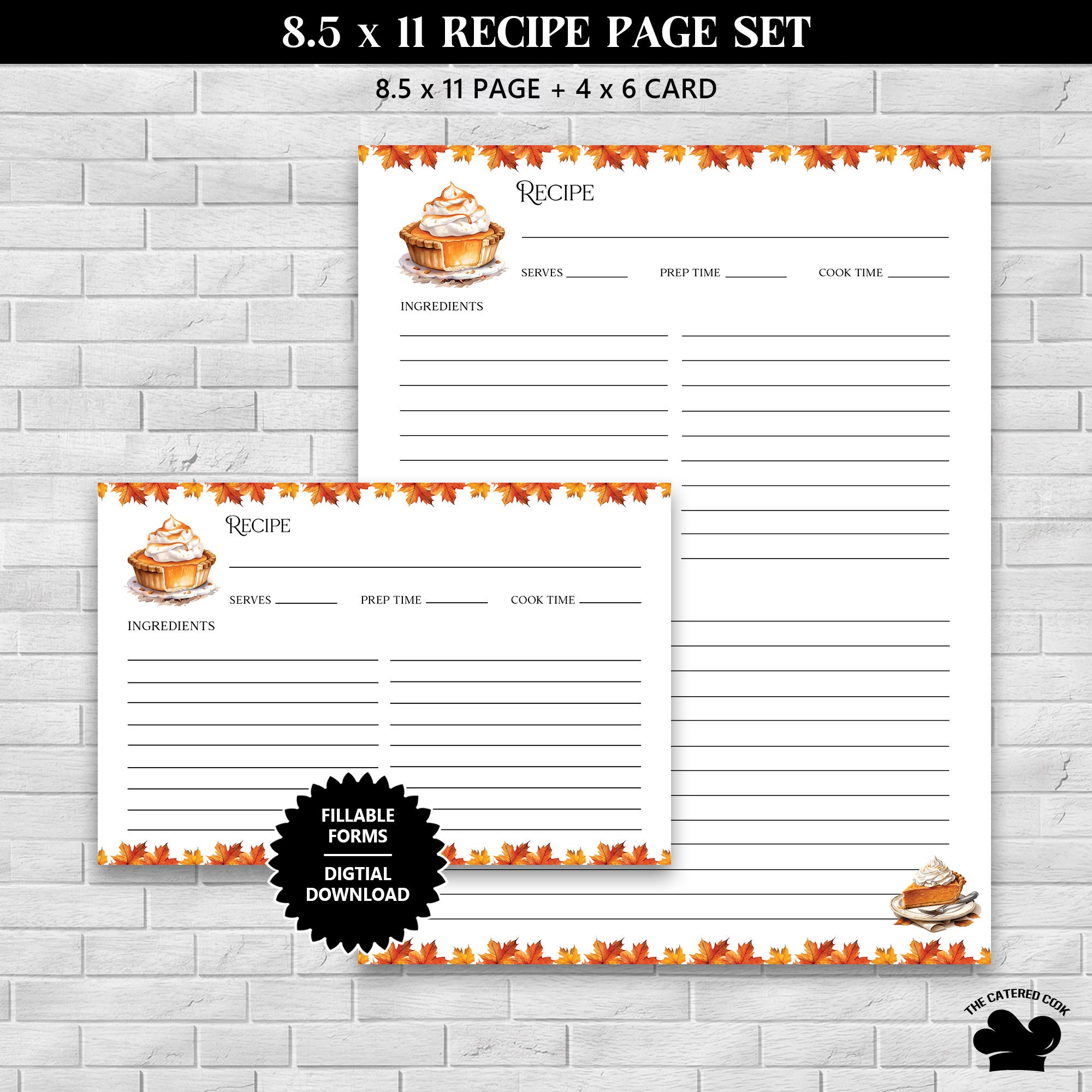 Printable 8.5 X 11 Recipe Page and Card Set With Pumpkin Pie Design ...
