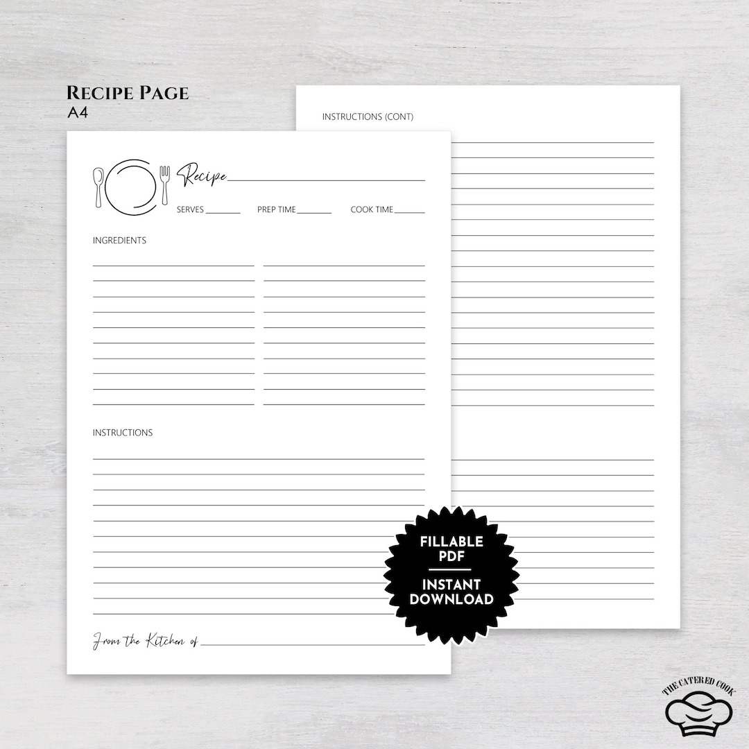 Printable A4 Recipe Page With Plate Design, Fillable A4 Recipe Page ...