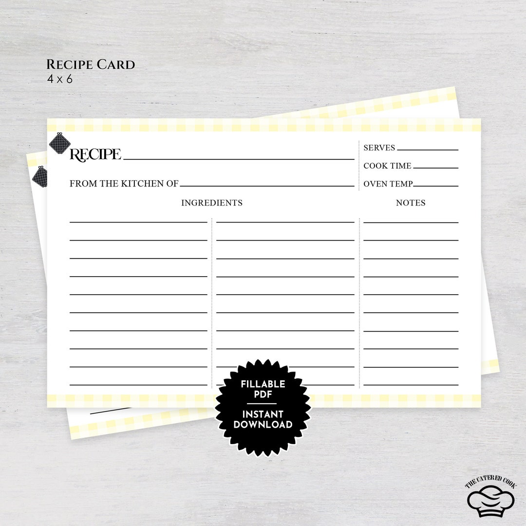 Printable 4 X 6 Recipe Card With Yellow Gingham Border, Fillable Recipe ...