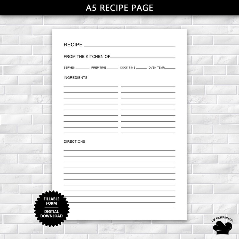 Printable A5 Recipe Page With Minimalist I Design, Fillable A5 Recipe ...