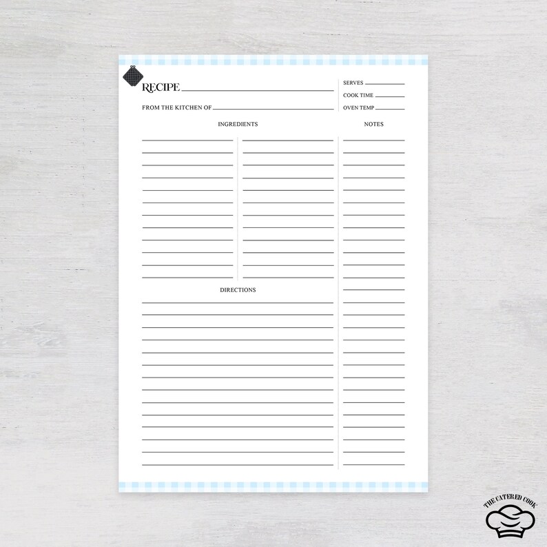 Printable A4 Recipe Page and Card Set With a Blue Gingham Border ...