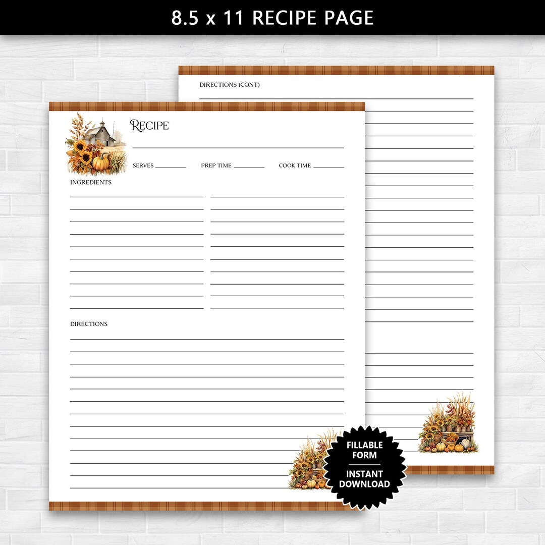 8.5 X 11 Recipe Page With a Rustic Fall Country Scene, Fillable Form ...