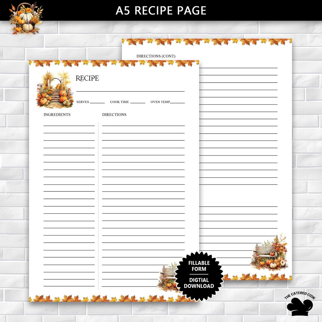 Printable A5 Recipe Page With a Fall Pumpkin Design, Fillable A5 Recipe ...