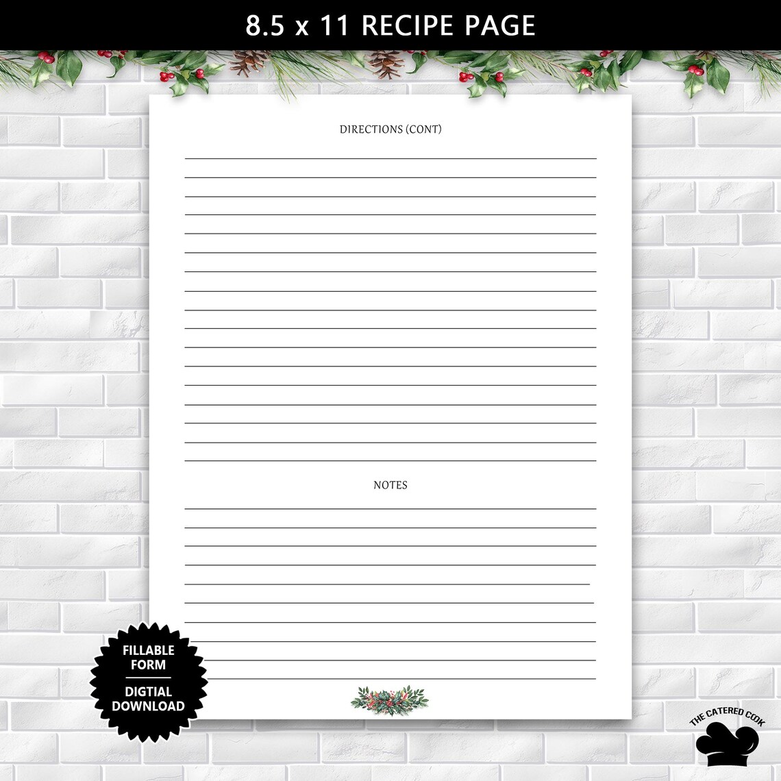 Printable 8.5 X 11 Recipe Page With Red Floral Header, Fillable 8.5 X ...
