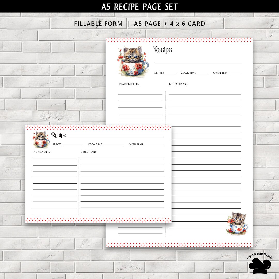 Printable A5 Recipe Page and Card Set With Teacup Kittens, Fillable A5 ...