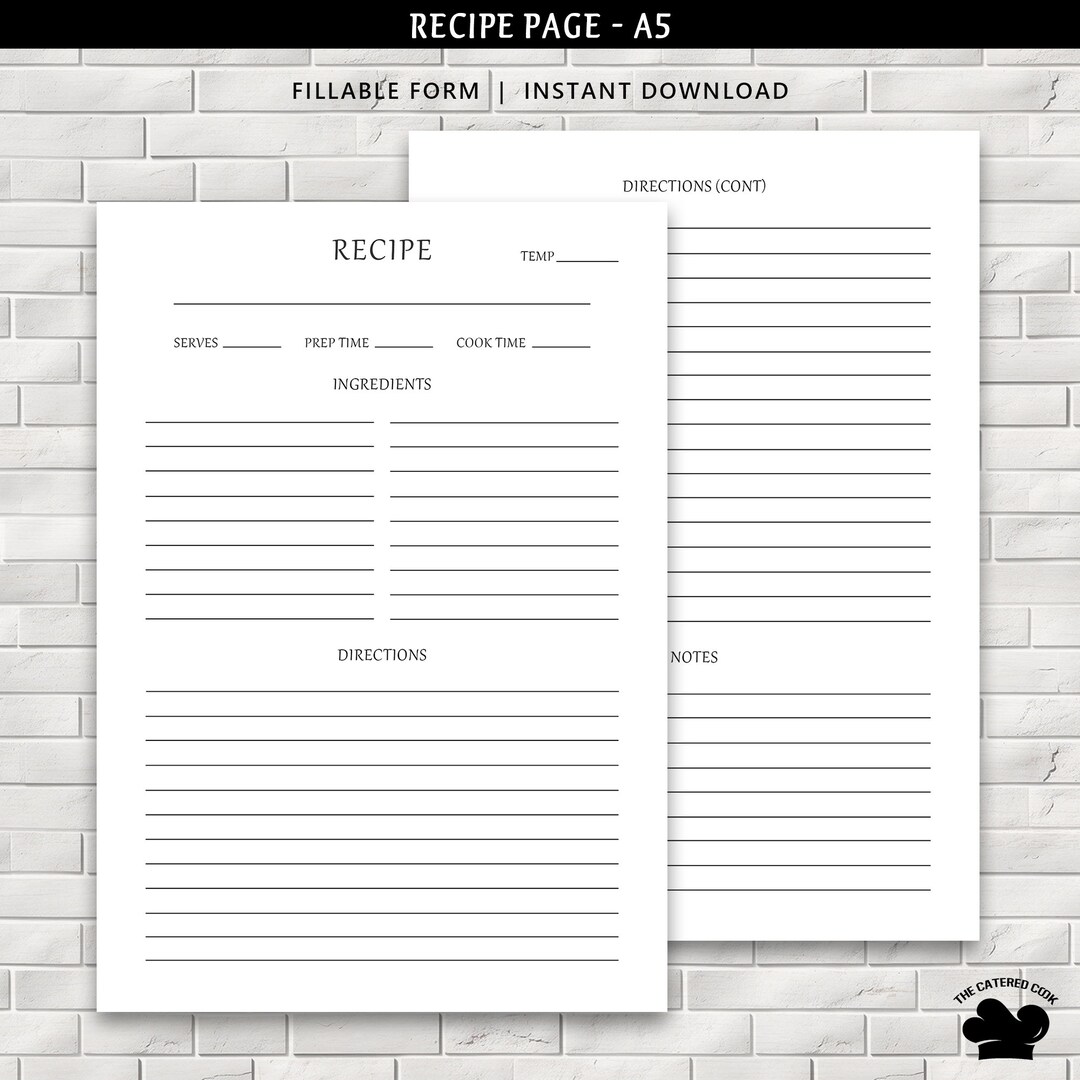 Printable A5 Recipe Page With Minimalist Design Style, Fillable A5 ...