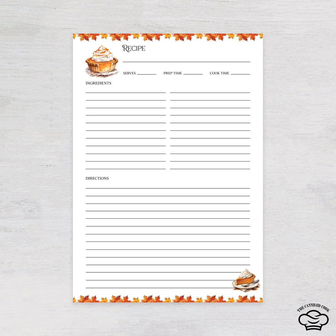 Printable A4 Recipe Page and Card Set With Pumpkin Pie Design, Fillable ...