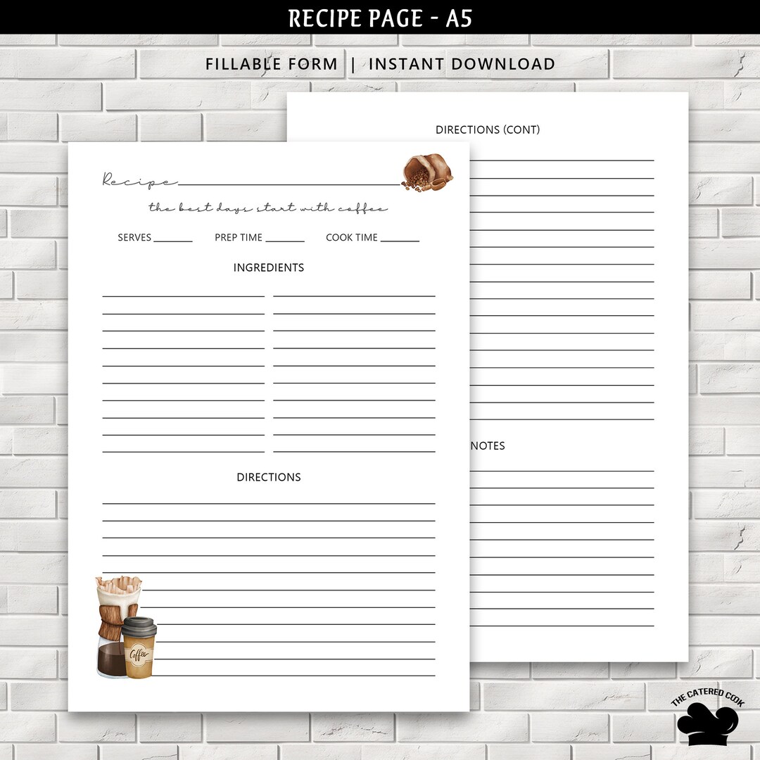 Printable A5 Recipe Page With Coffee Design, Fillable A5 Recipe Page ...