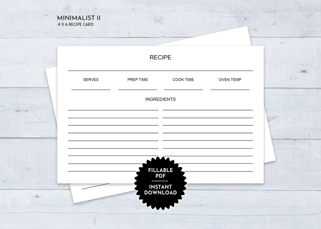 4 X 6 Recipe Card With Minimalist Ll Design Fillable Recipe - Etsy