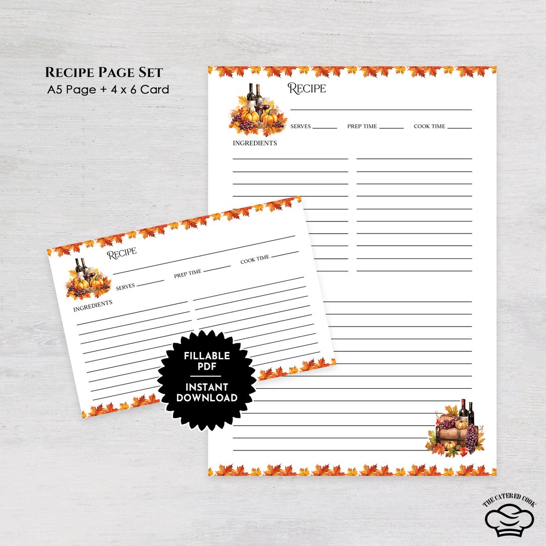 Printable A5 Recipe Page and Card Set With a Fall Wine Design, Fillable ...