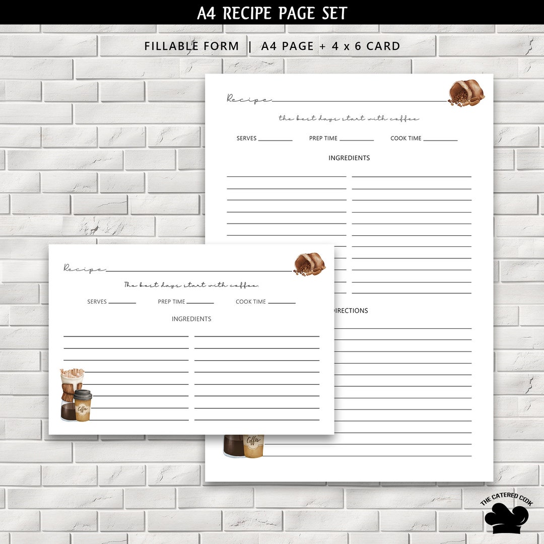 Printable A4 Recipe Page and Card Set With a Coffee Design, Fillable A4 ...