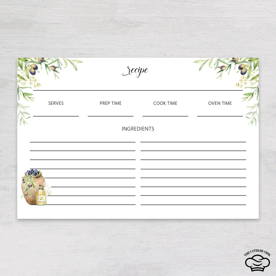Printable A4 Recipe Page and Card Set With Olive Tree Design, Fillable ...