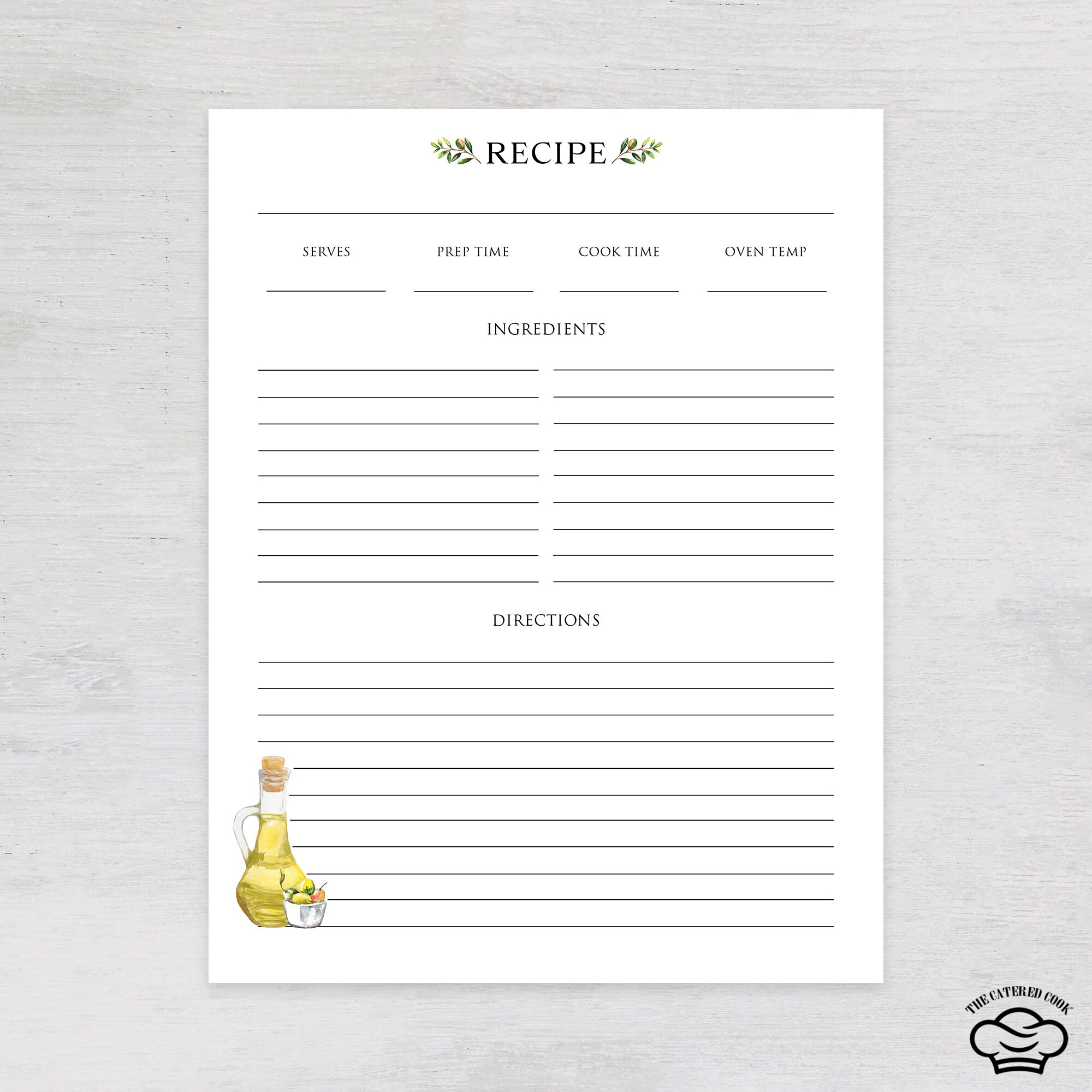 Printable 8.5 X 11 Recipe Page and Card Set With Olive Oil Design ...