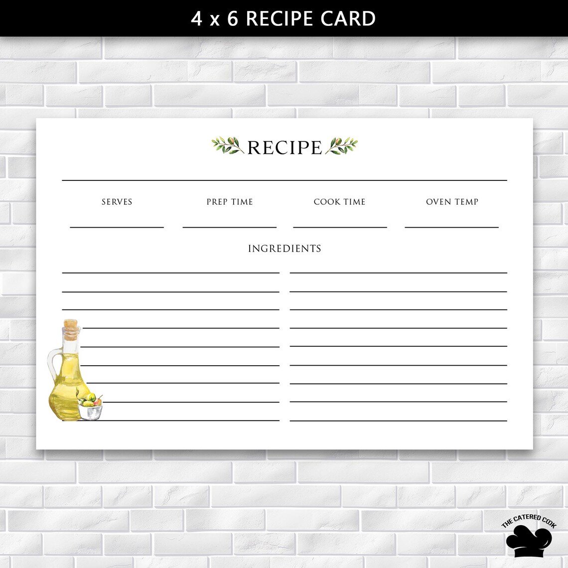 Printable 4 X 6 Recipe Card With Olive Oil Design, Fillable Form Recipe ...