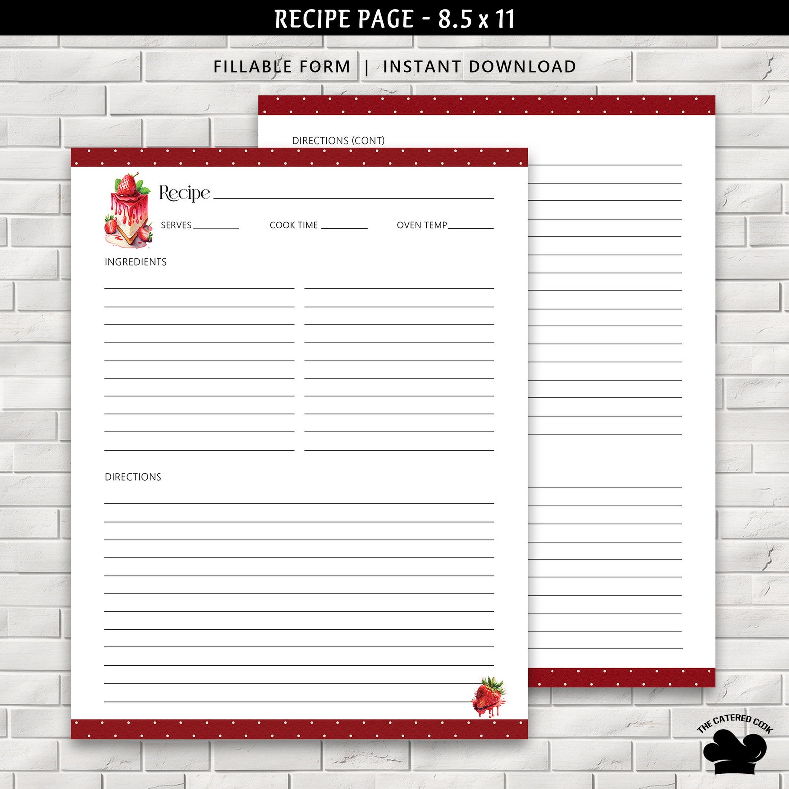 Printable 8.5 X 11 Recipe Page With Strawberry Cheesecake, Fillable 8.5 ...