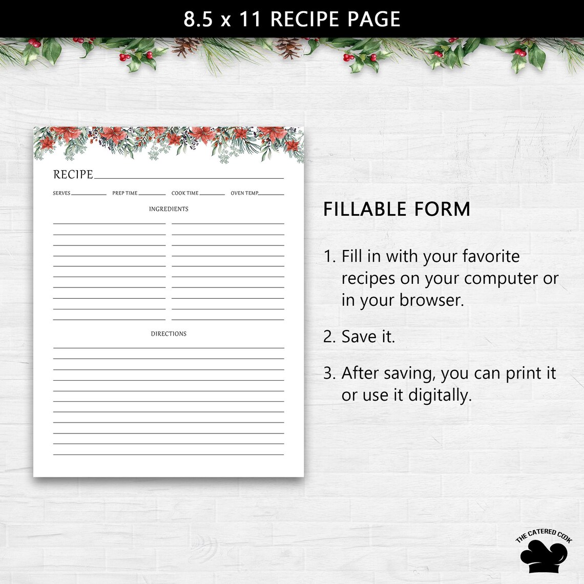 Printable 8.5 X 11 Recipe Page With Red Floral Header, Fillable 8.5 X ...