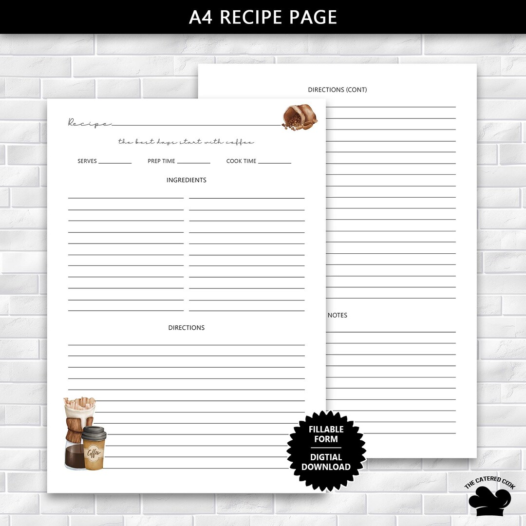 Printable A4 Recipe Page With a Coffee Design, Fillable Form Recipe ...