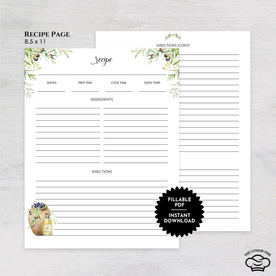 Printable 8.5 X 11 Recipe Page With Olive Tree Design, Fillable Recipe ...
