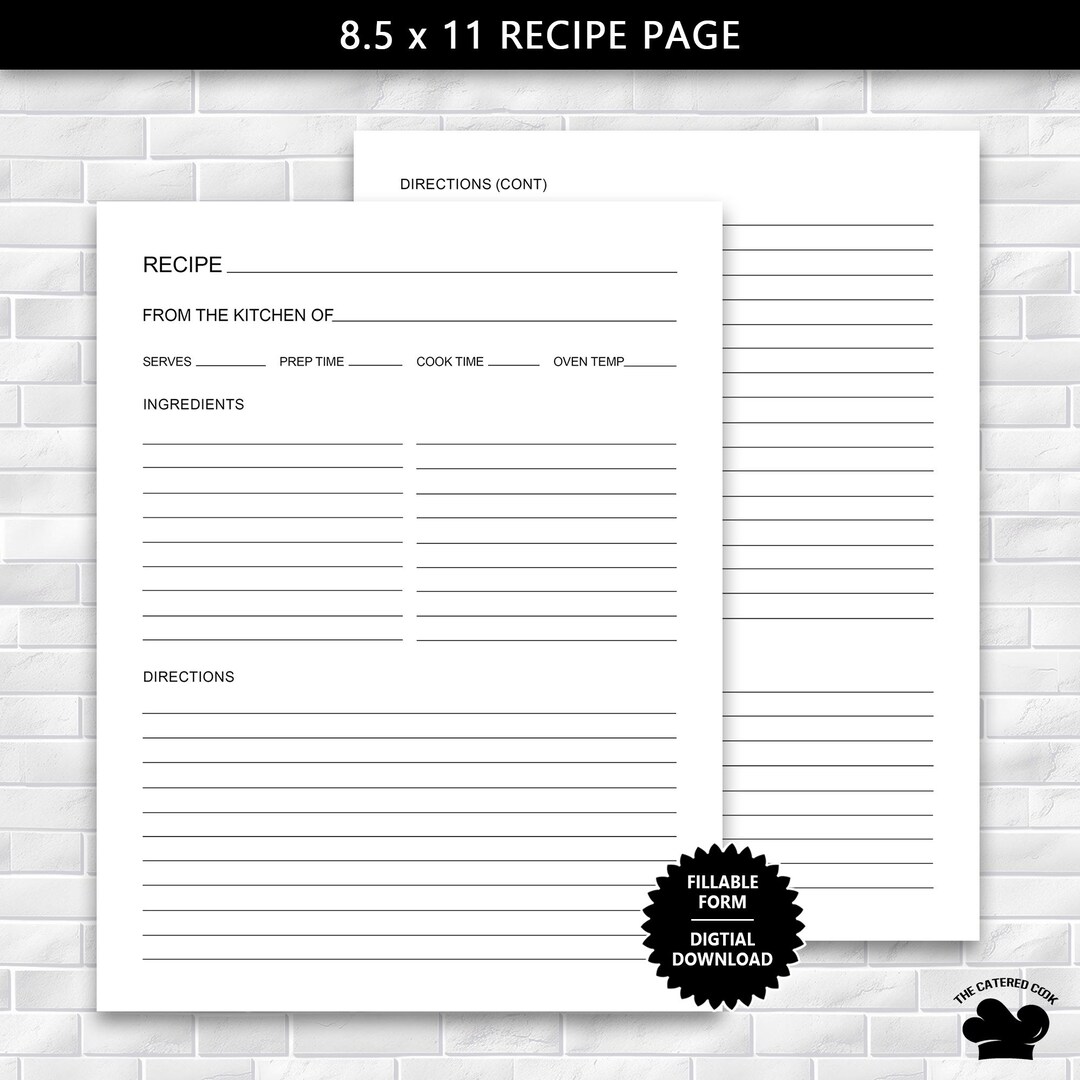Printable 8.5 X 11 Recipe Page With a Minimalist Design, Fillable ...