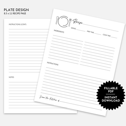 Printable 8.5 X 11 Recipe Page With Plate Design Fillable - Etsy