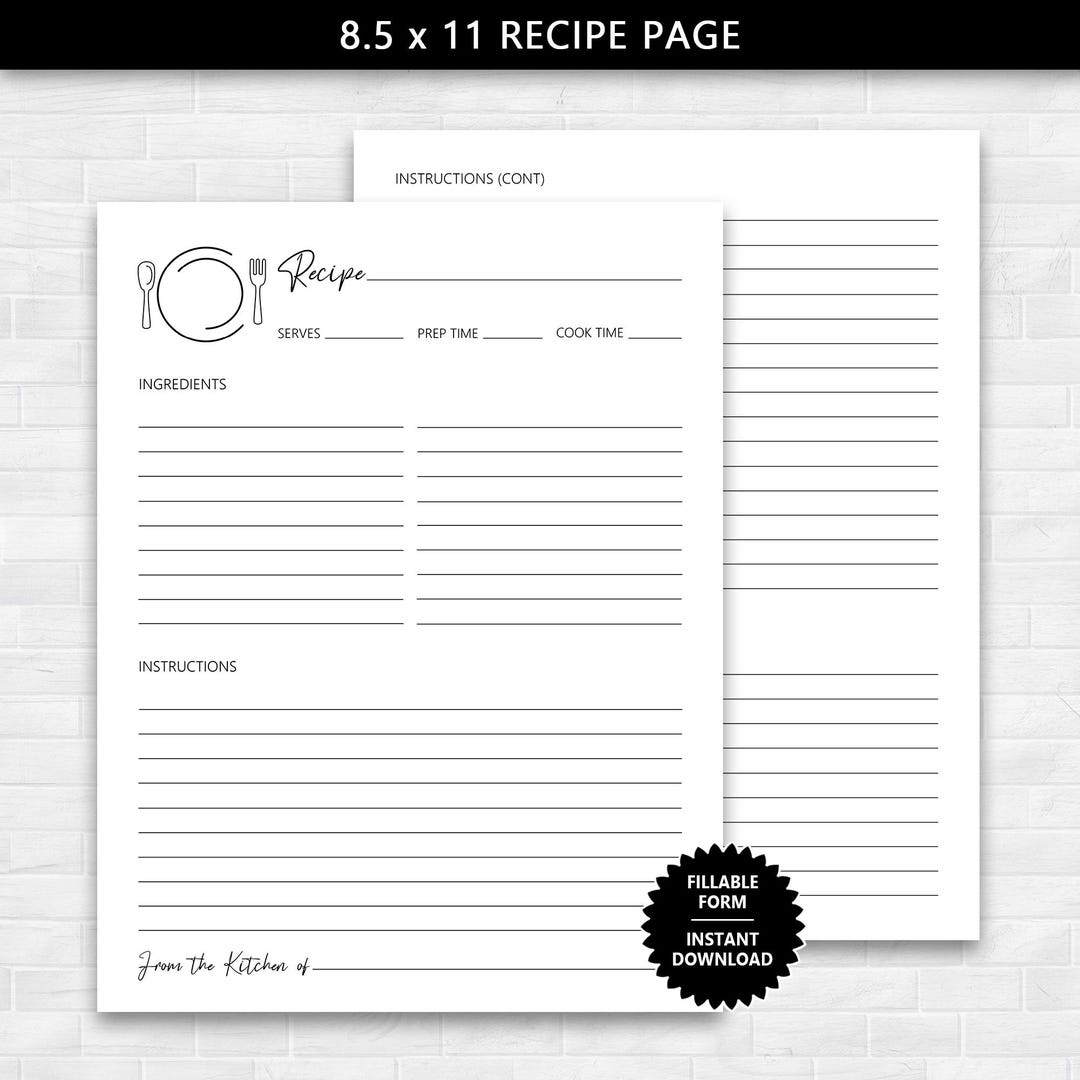 Printable 8.5 X 11 Recipe Page With Plate Design, Fillable Form Recipe ...