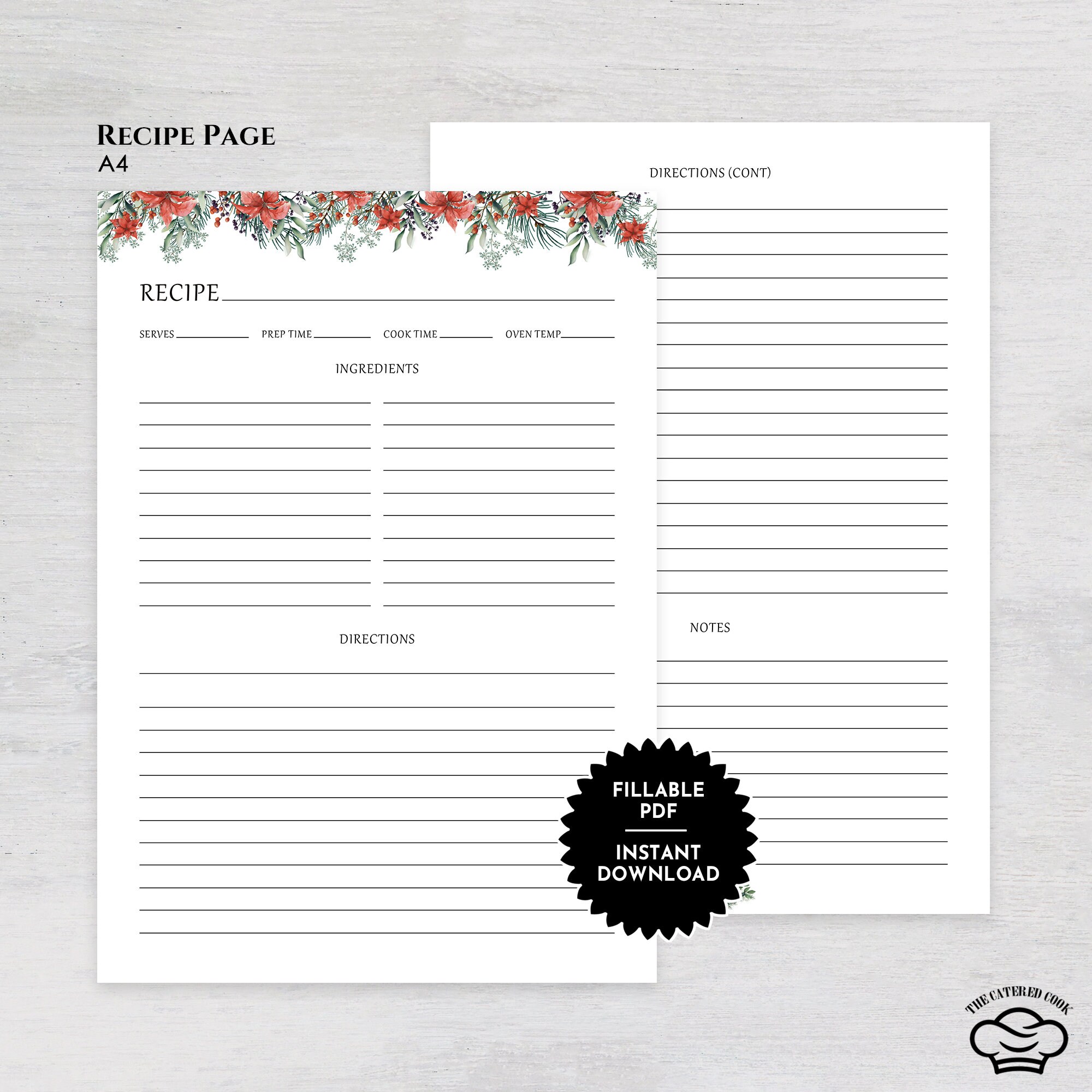 Printable A4 Recipe Page With Red Floral Header, Fillable A4 Recipe ...