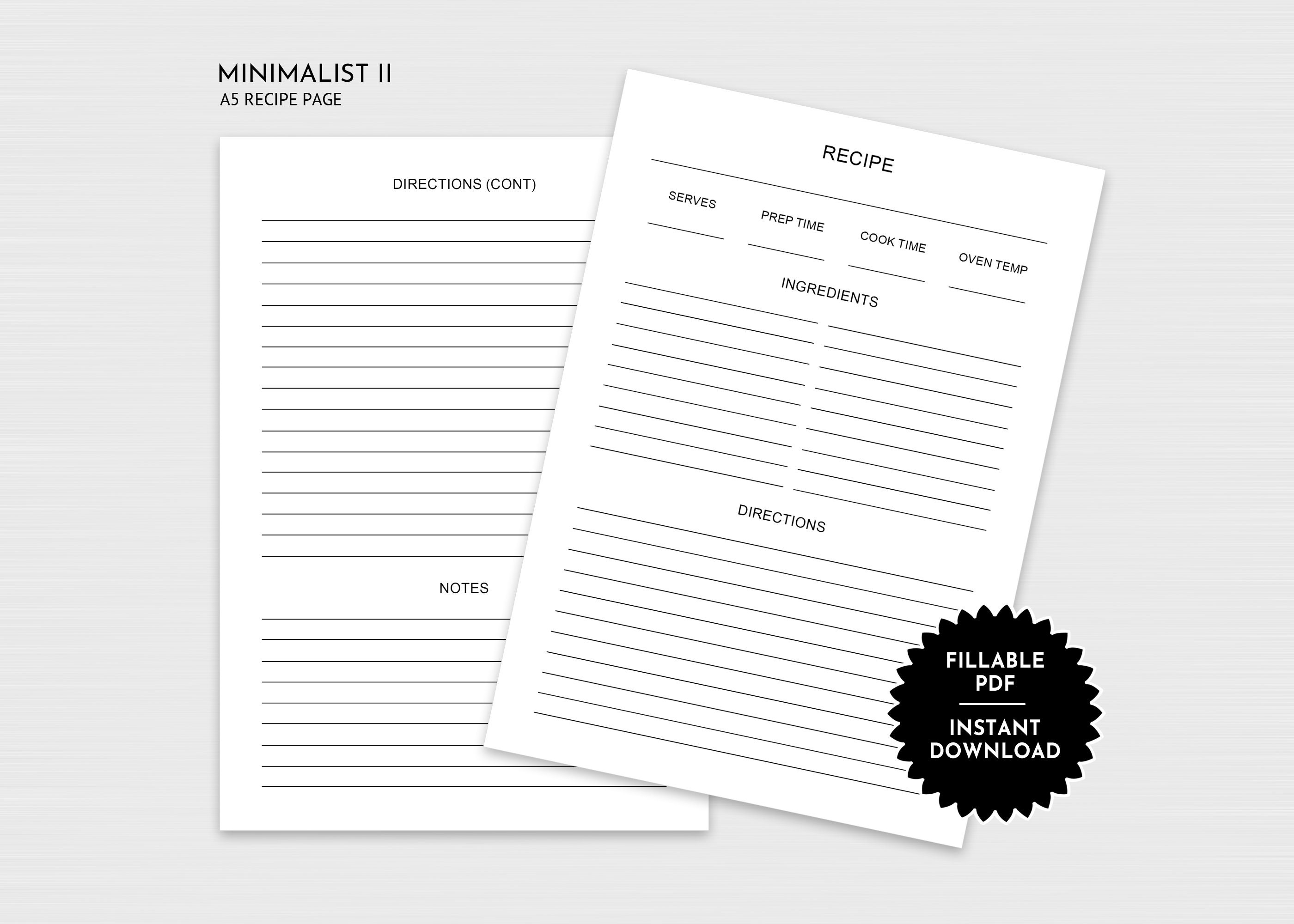 Printable A5 Recipe Page With Minimalist II Design Fillable - Etsy