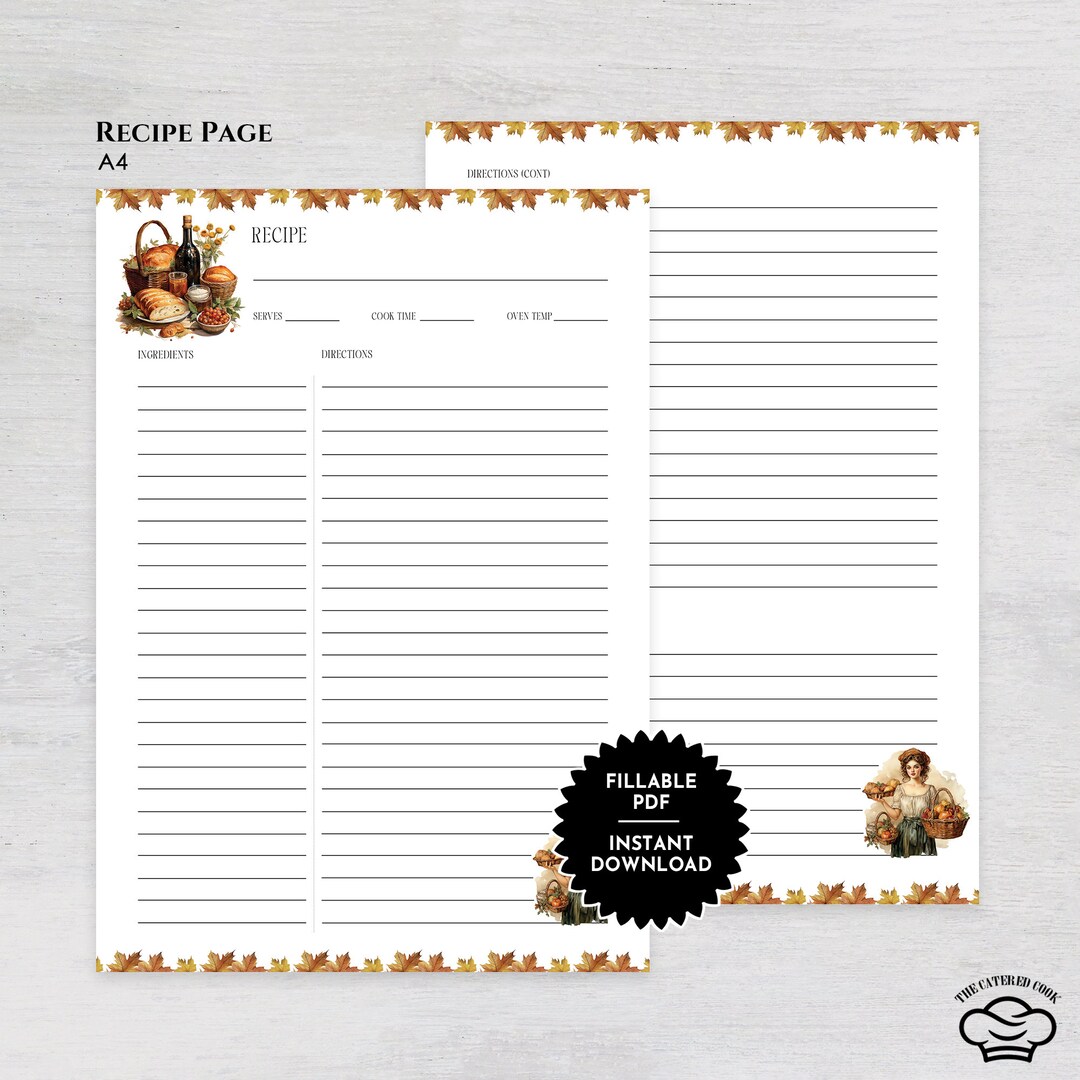 Printable A4 Recipe Page With a Food Basket and Drinks Design, Fillable ...