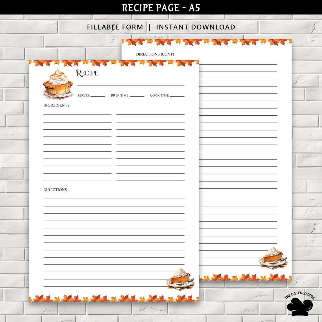 Printable A5 Recipe Page With a Pumpkin Pie Design, Fillable A5 Recipe ...