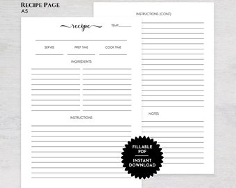 Printable A4 Recipe Page With Plate Design, Fillable A4 Recipe Page ...