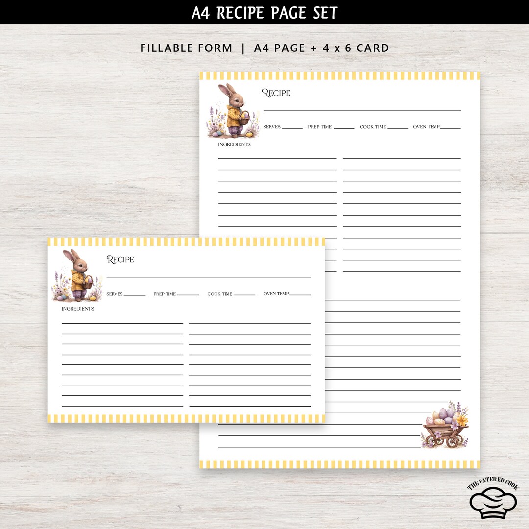 Printable A4 Recipe Page and Card Set With Easter Bunny and Yellow ...