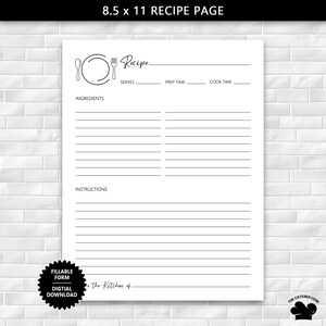Printable 8.5 X 11 Recipe Page With Plate Design, Fillable Form Recipe ...