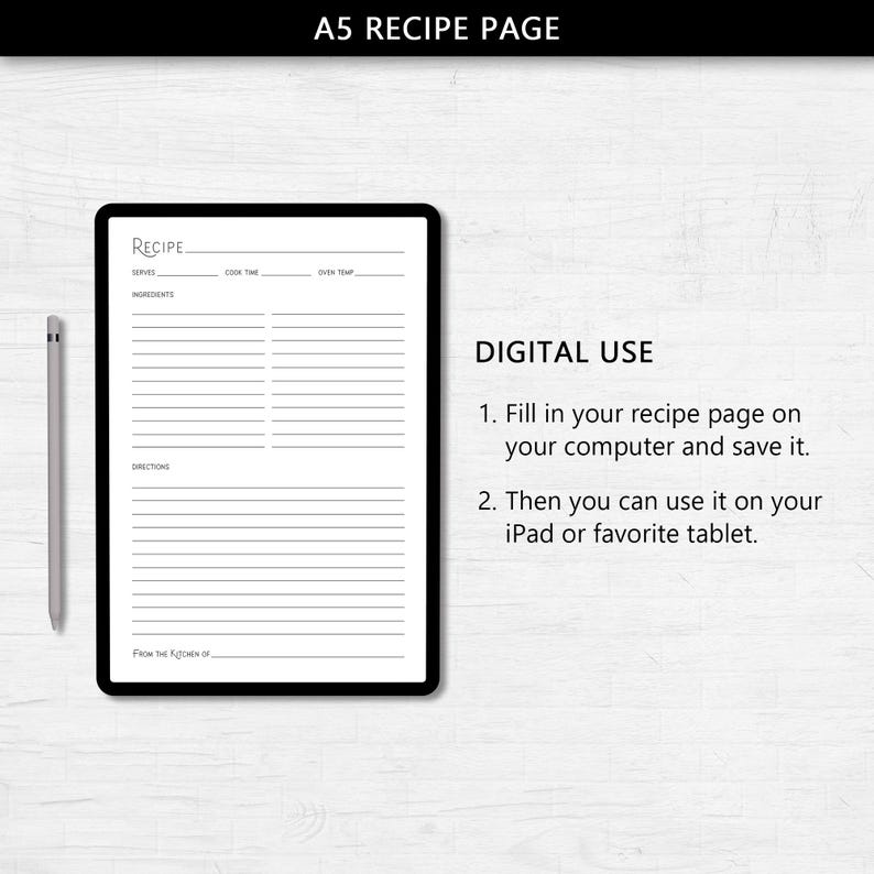 Printable A5 Recipe Page With a Stylish Title, Fillable Form Recipe ...