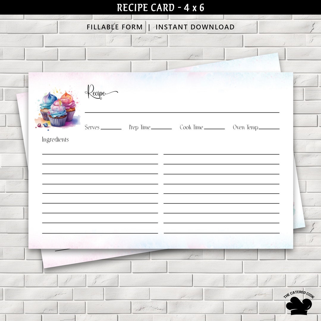 Printable 4 X 6 Recipe Card With Rainbow Frosted Cupcakes, Fillable ...