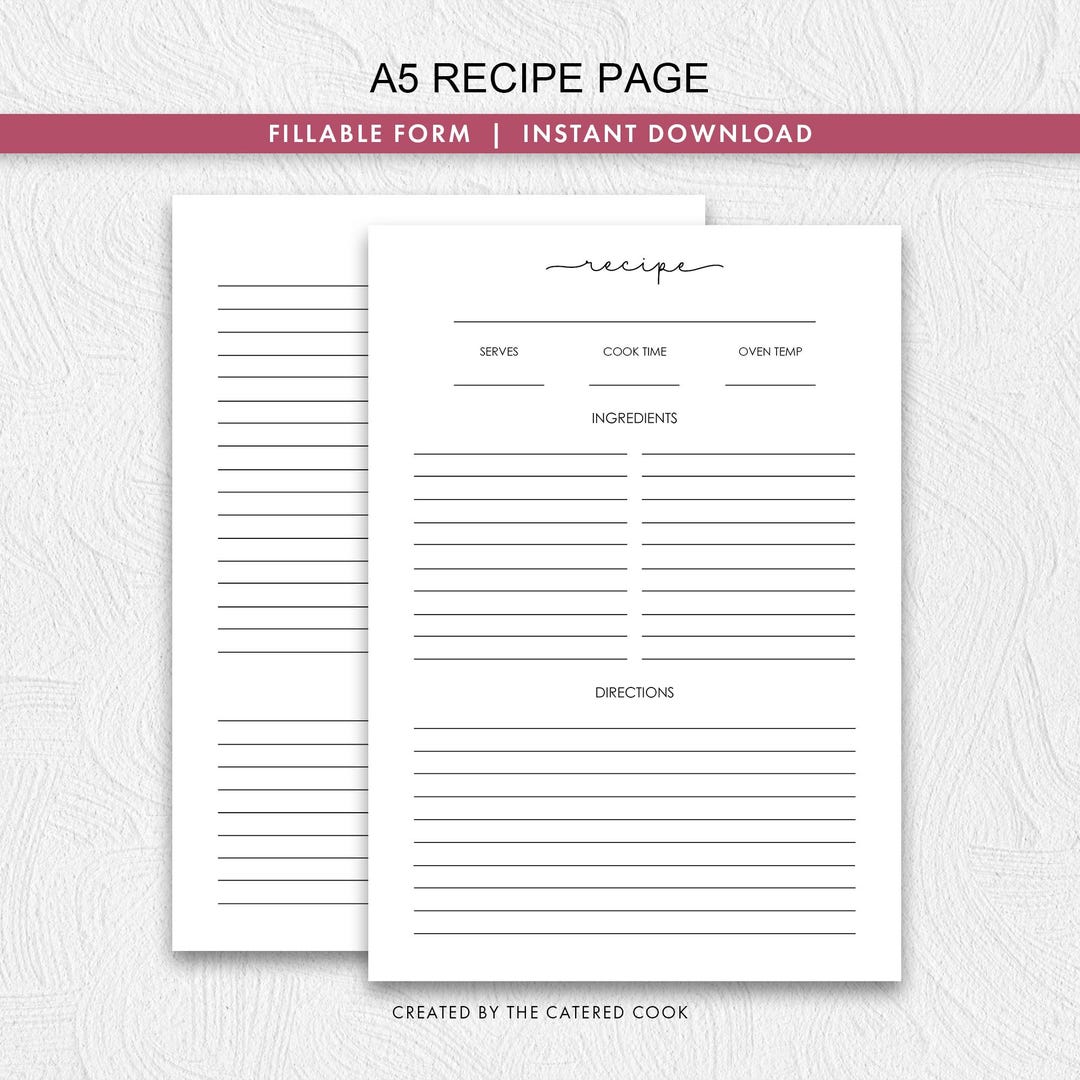 Printable A5 Recipe Page With a Fancy Style Title, Fillable Form Recipe ...