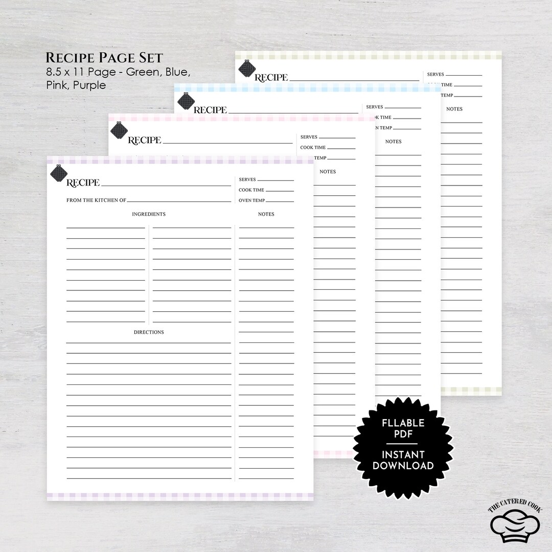 Four Printable 8.5 X 11 Recipe Pages With Multiple Color Gingham Border ...