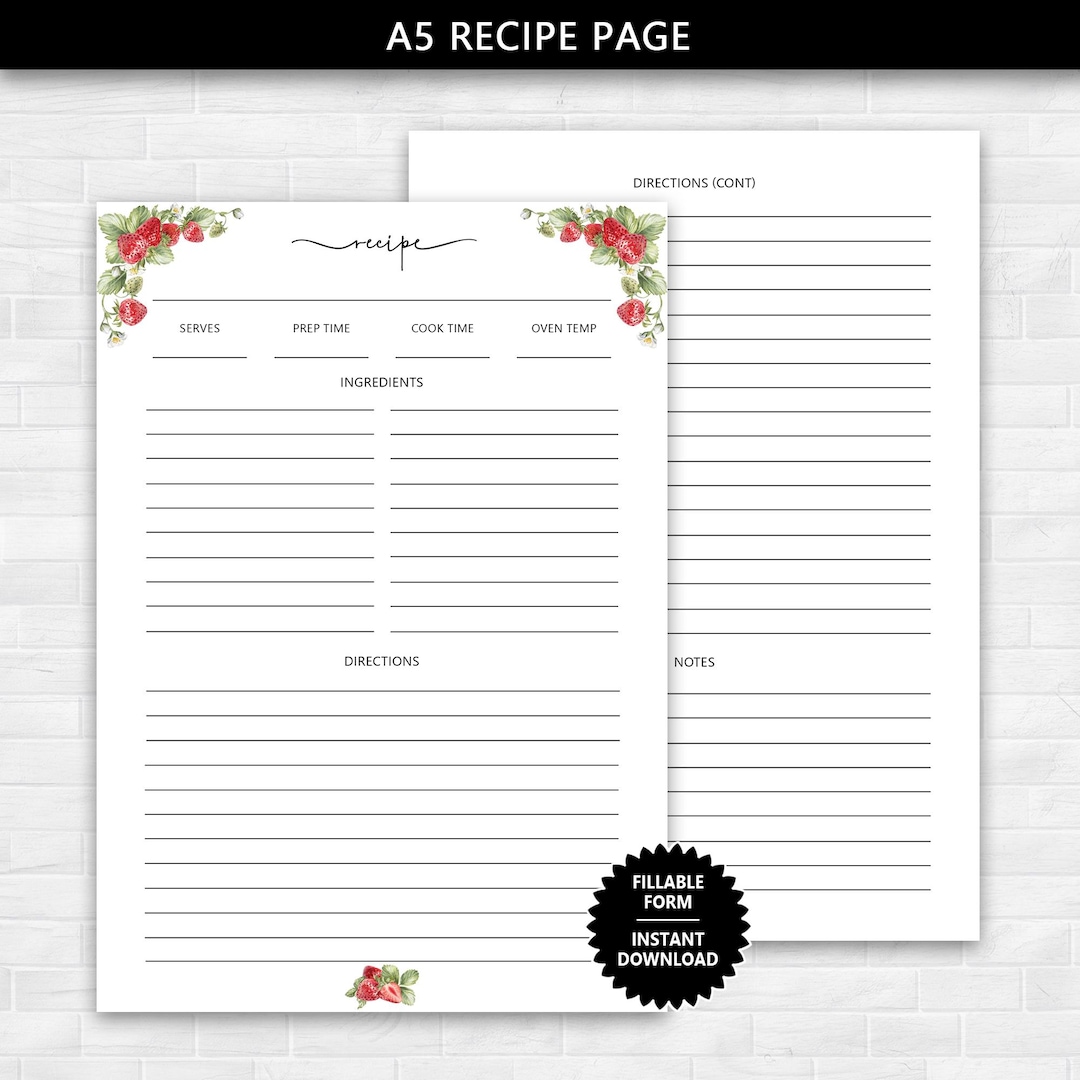 A5 Recipe Page With a Strawberry Theme and a Fancy Title, Fillable ...