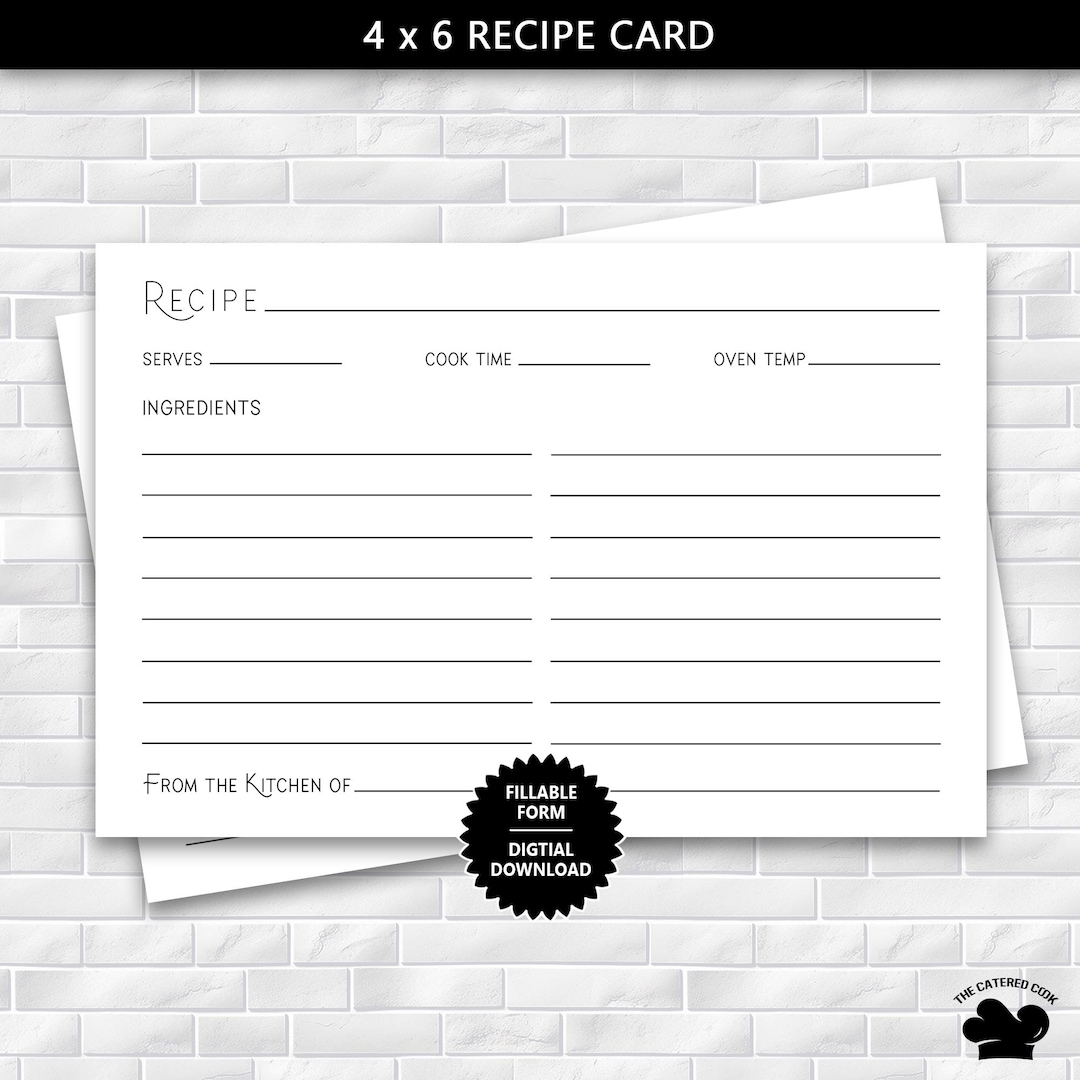 Printable 4 X 6 Recipe Card With Stylish Minimalist Design, Fillable ...