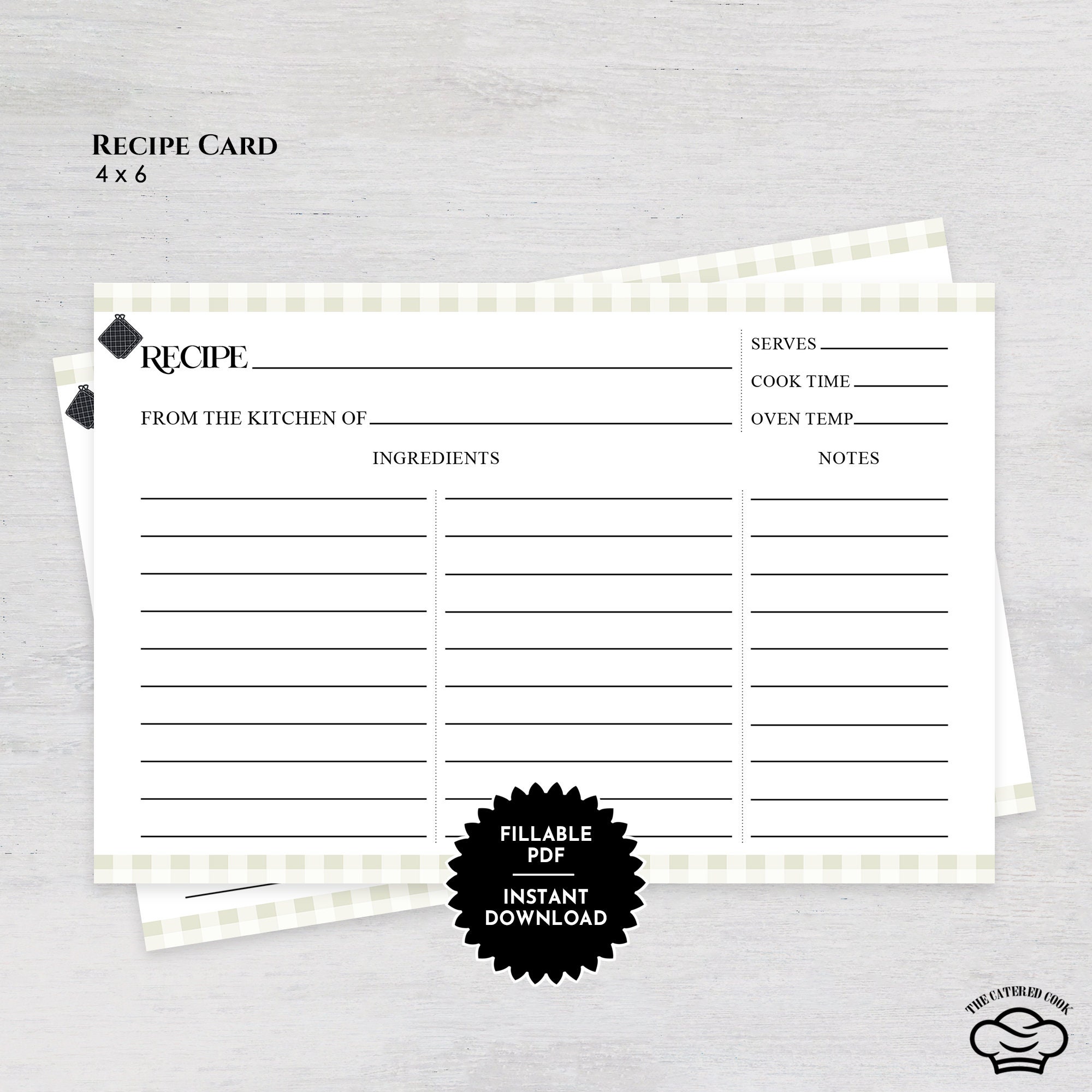 Printable 4 X 6 Recipe Card With Green Gingham Border, Fillable Recipe ...