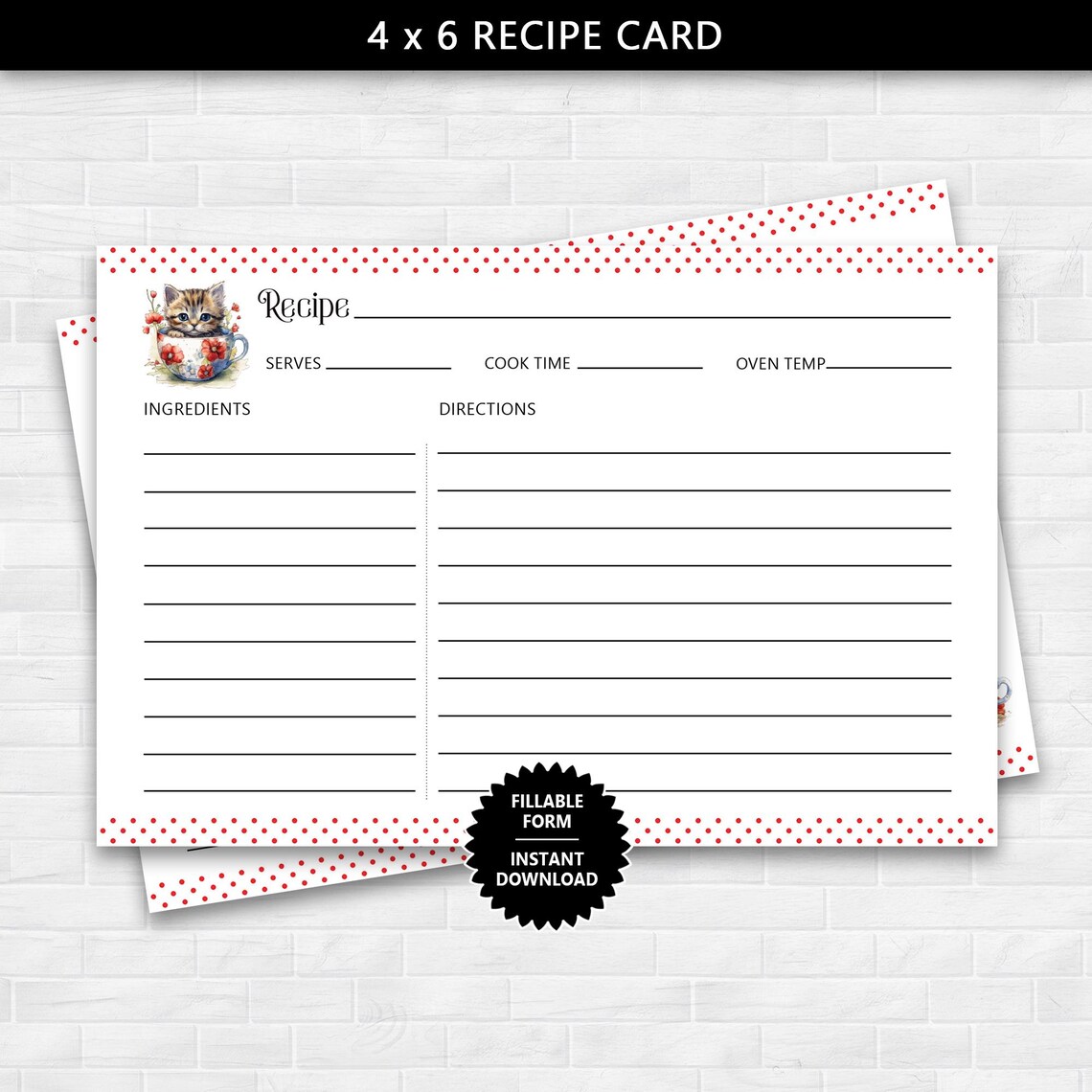 Printable 4 X 6 Recipe Card With Teacup Kittens, Fillable Form Recipe ...