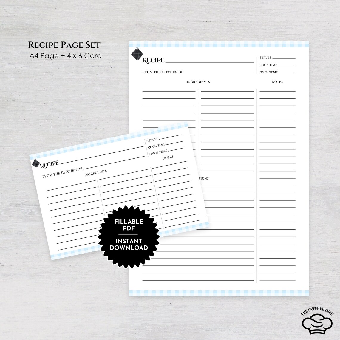 Printable A4 Recipe Page and Card Set With a Blue Gingham Border ...