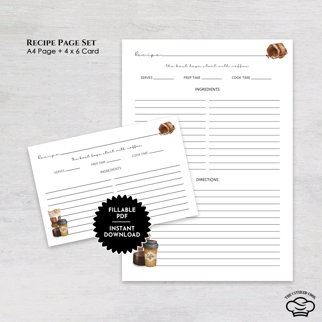 Printable A4 Recipe Page and Card Set With a Coffee Design, Fillable A4 ...